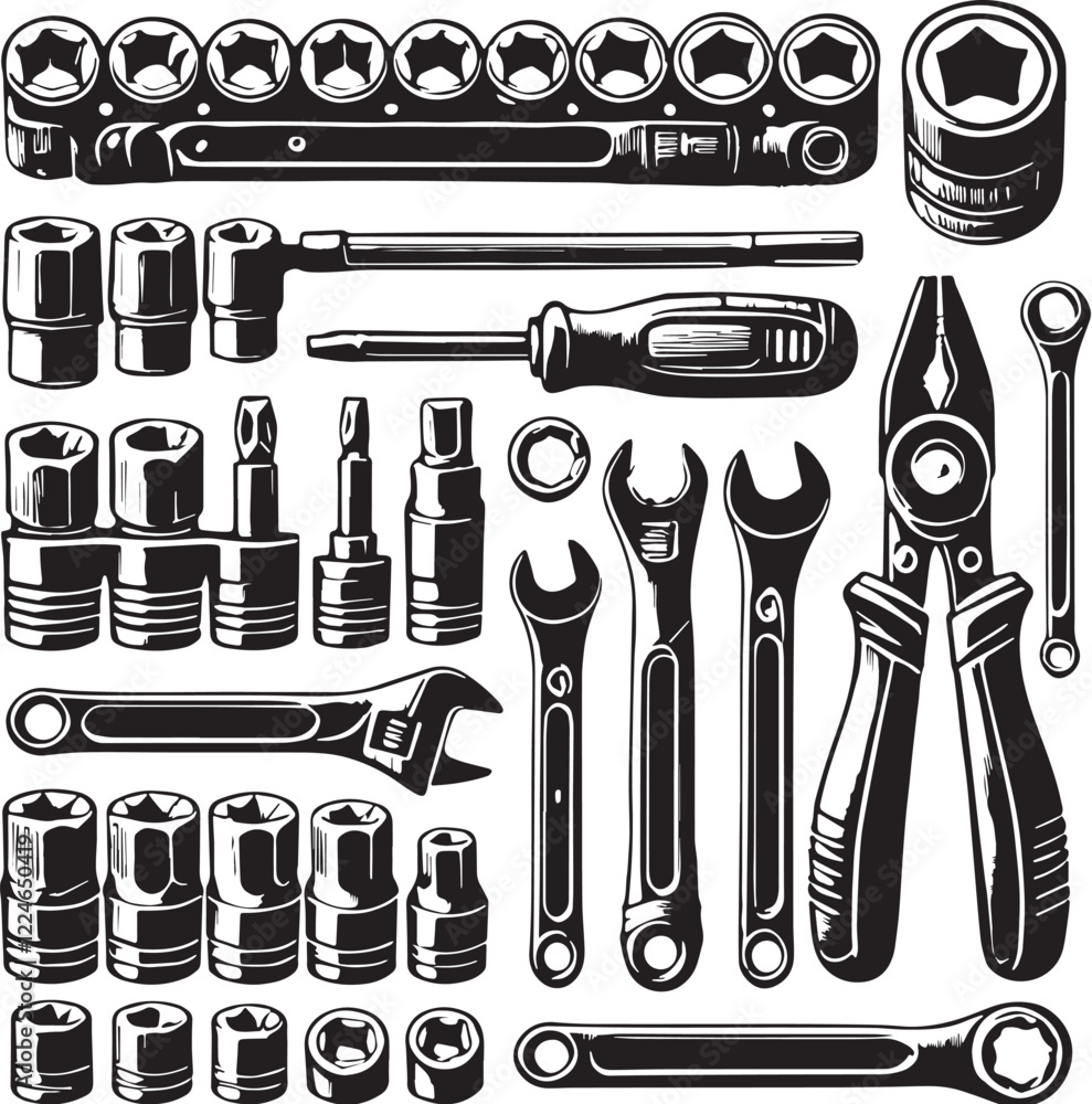 Black Ratchet and Socket Set Silhouette Vector, High Quality ...