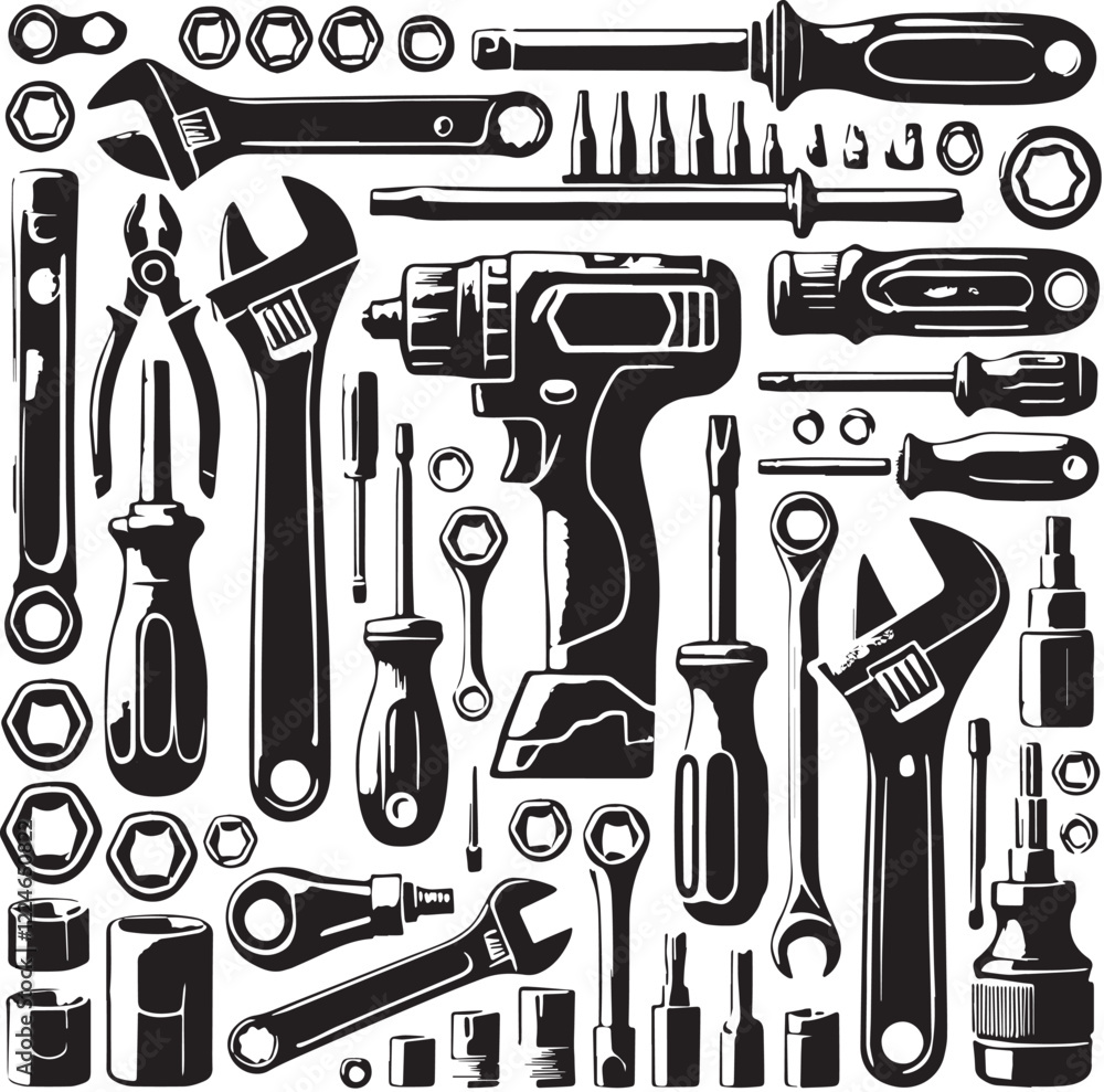 Black Ratchet and Socket Set Silhouette Vector, High Quality ...