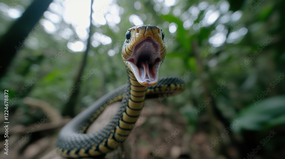 snake coiled around tree branch, mouth wide open, in lush forest ...