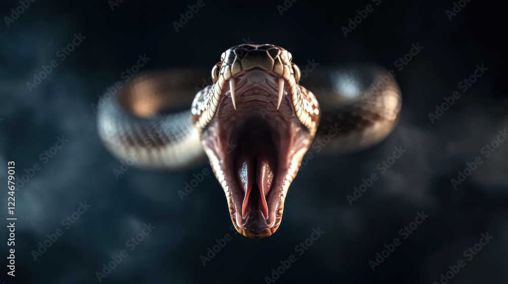 predator snake with mouth wide open, surrounded by mist, exuding fierce ...