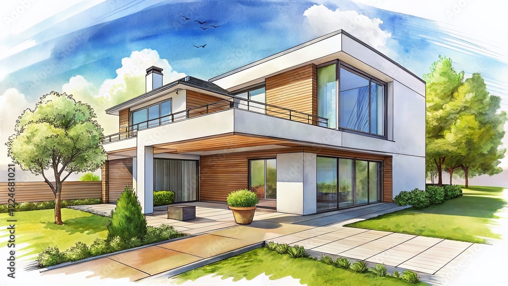 Stock-Illustration „Hand-Drawn Architectural Sketch: Modern Two-Story ...