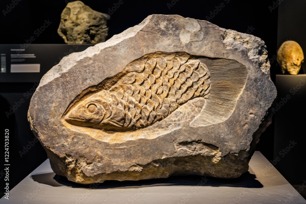 Rock slab featuring fossilized fish imprint, scales and fins ...