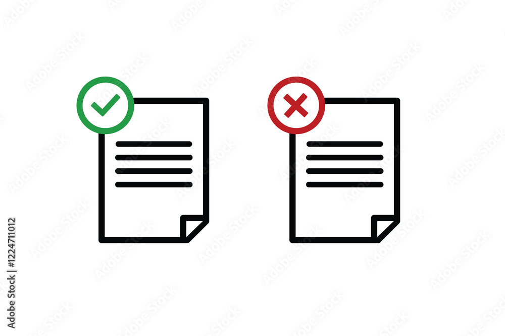 Document icon. Paper icon. Check mark. cross signs. Checkmark OK and X ...