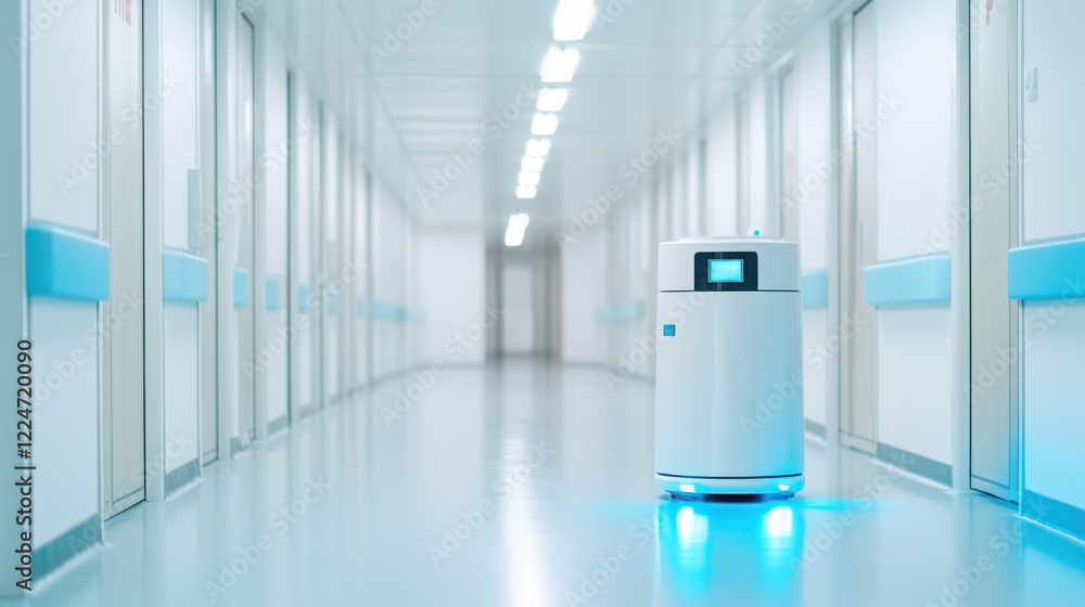 Autonomous disinfection robot navigating a modern hallway for efficient ...