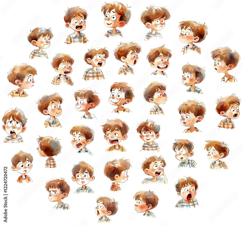 Cartoon boy with different emotions, watercolor illustration set ...