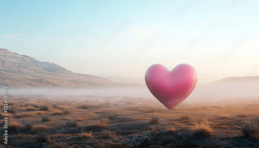 Surreal landscape with a floating pink heart in the desert, symbolizing ...
