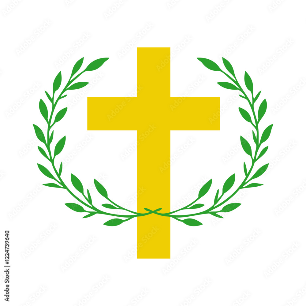 Logo con silueta de cruz cristiana en corona de laurel. Icono de cruz ...