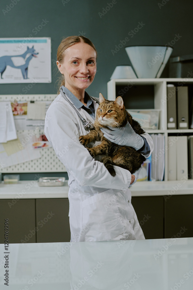 Smiling veterinarian holding calm brown tabby cat in modern veterinary ...