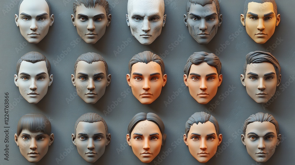 Human face shapes, set of 3d faces of different shapes for the game ...