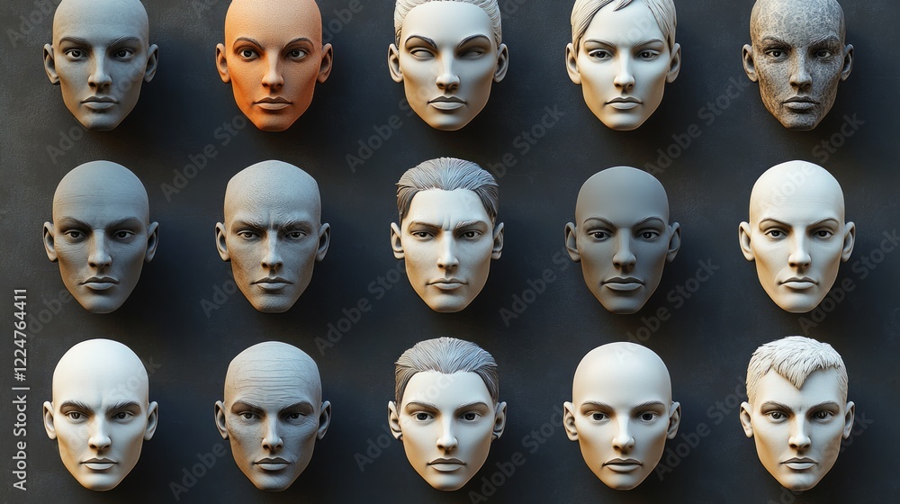 Human face shapes, set of 3d faces of different shapes for the game ...