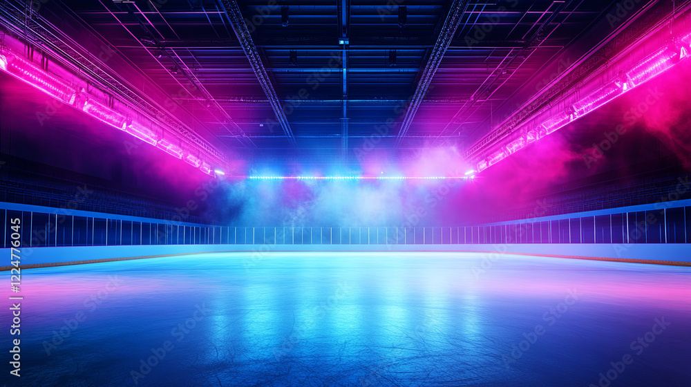 Ice Rink Background. Professional Arena illuminated blue, pink neon ...