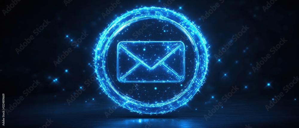 Glowing blue email icon surrounded by sparkling particles on a dark ...