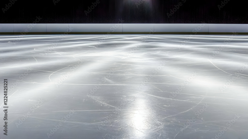 Empty Ice Rink Shows Skate Marks Reflecting Bright Overhead Lights at ...