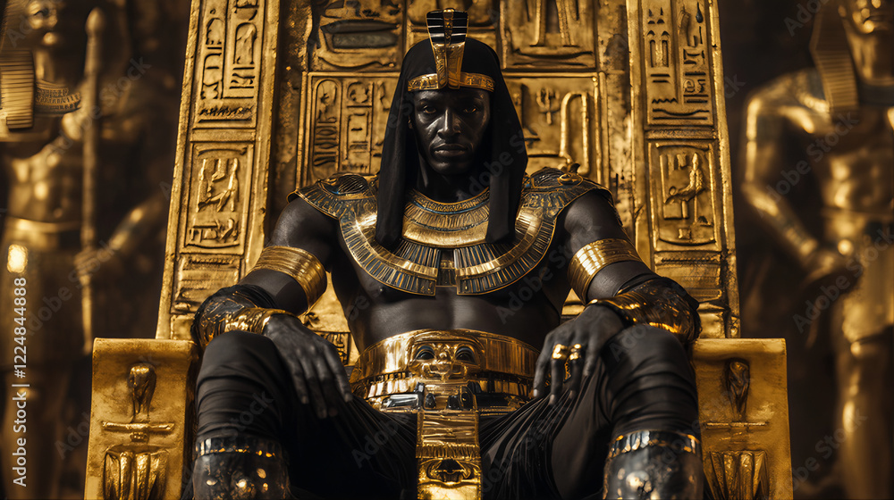 Black egyptian pharaoh sitying on his magestic golden throne in his ...