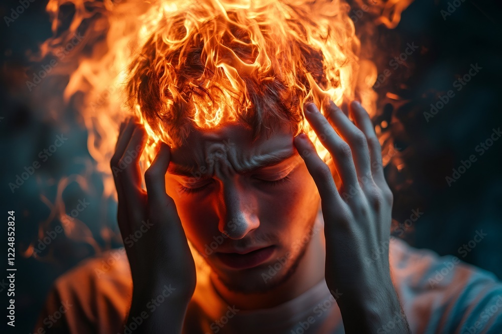 Man suffering from burning head syndrome touching his temples Stock ...