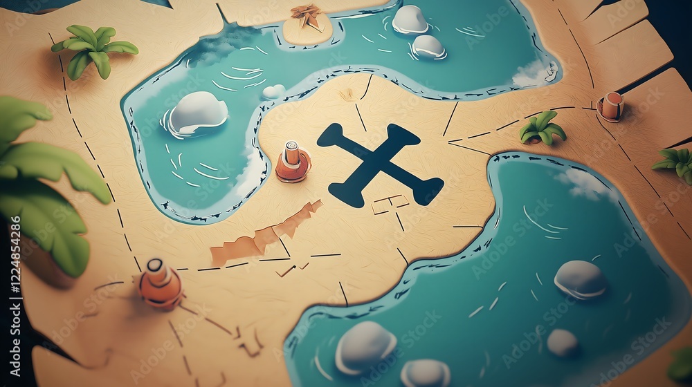 Vintage Parchment Treasure Map with Mysterious Island Navigation ...