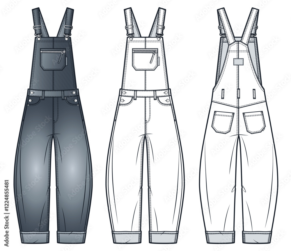 Baggy Denim Overalls technical fashion sketch. Jumpsuit fashion flat ...