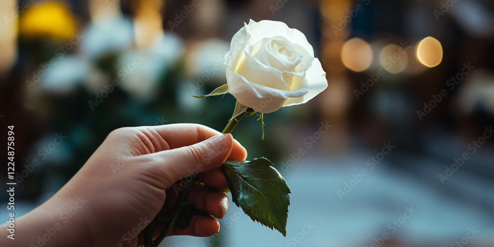 Hand holding white rose against church background, religious service ...