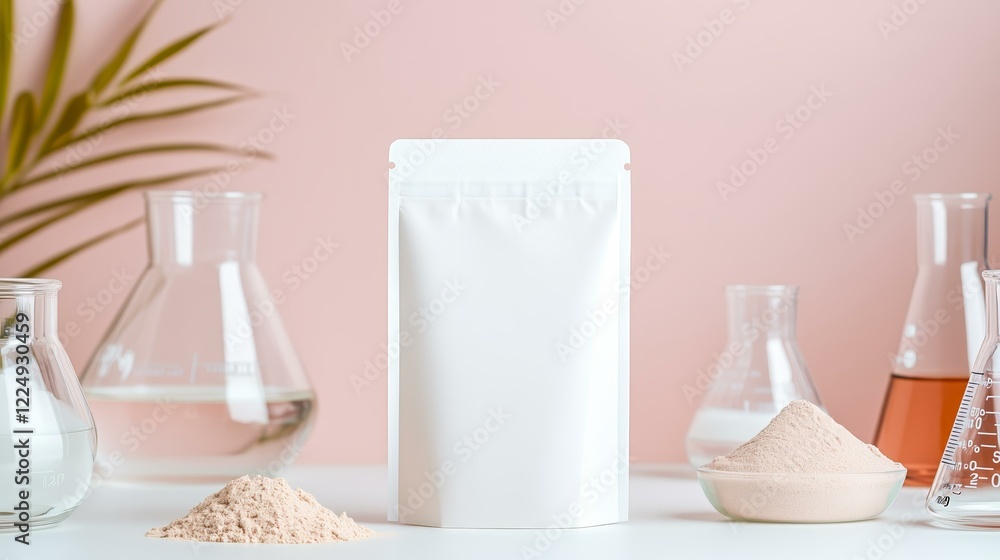 Minimalist packaging display with lab equipment and protein powder on ...