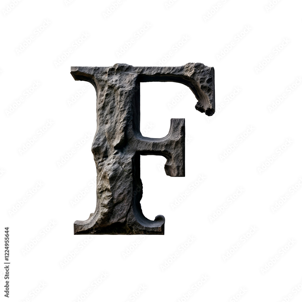Letter F features a rugged, stone-like look with uneven bumps, ridges ...