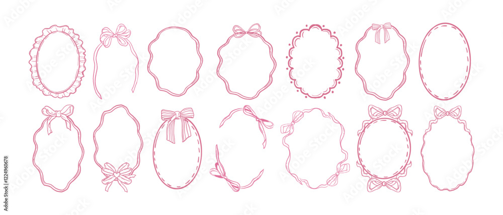 Cute ribbon frame set, vector hand drawn doodle border, pink bow line ...
