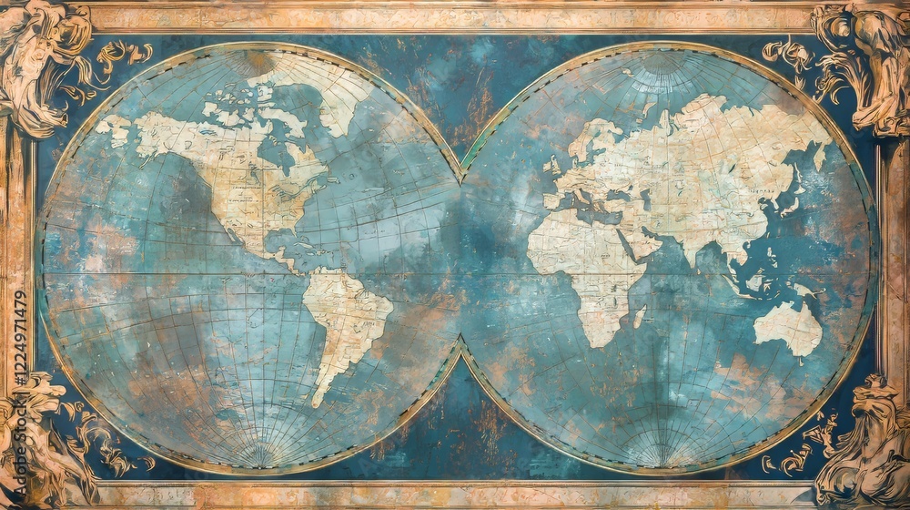An antique map depiction with distressed cartography, ornate framing ...