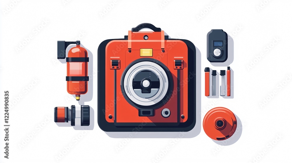 Essential Fire Alarm and Firefighter Equipment in Wide Angle Centered ...