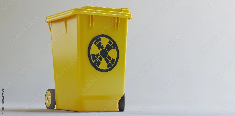 A bright yellow medical waste bin, featuring a prominent contaminated ...