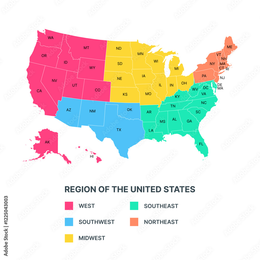 Vektor Regions of the United States of America, political map. The five ...