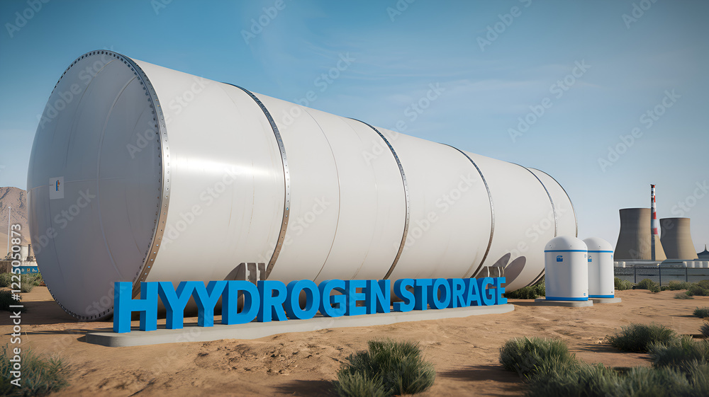 Large Horizontal White Hydrogen Storage Tank in Desert Landscape, Blue ...