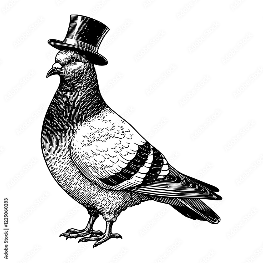Vector de Stock Pigeon Wearing Top Hat Detailed Black and White Outline ...