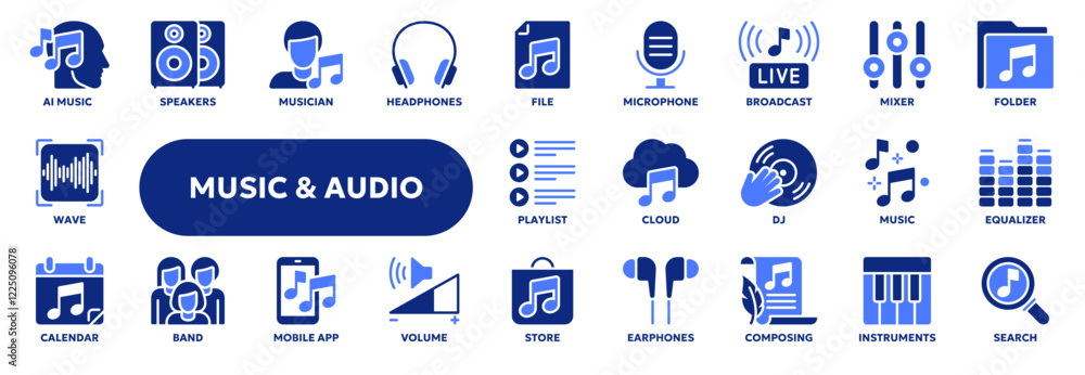 Set of vector solid icons related to music and sound industry, audio ...