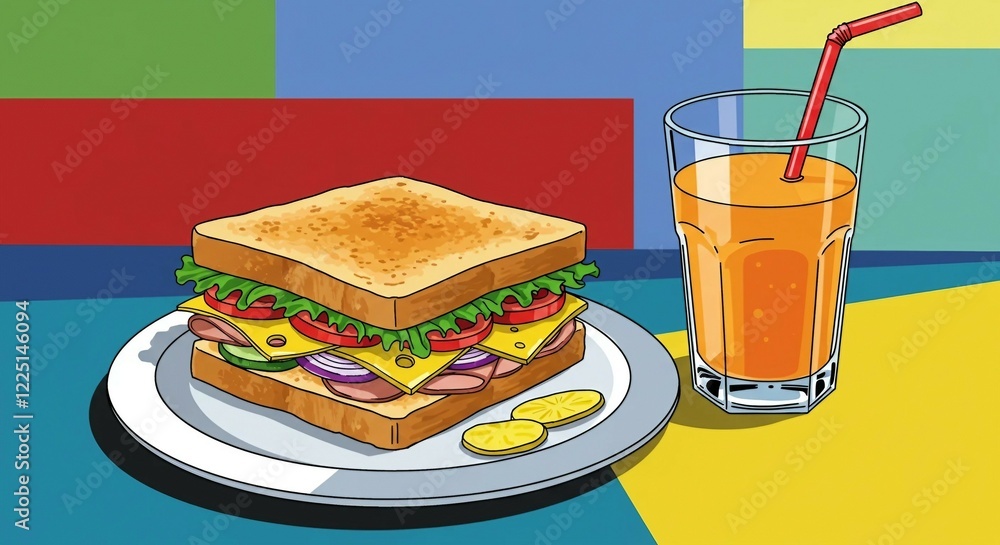 Geometric Food Illustration. Stylized Sandwich and Juice. Pop Art Lunch ...