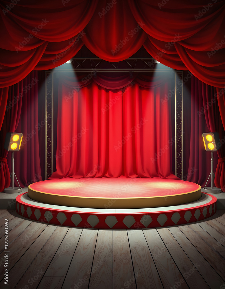circus stage with red curtain and spotlights vintage carnival podium ...