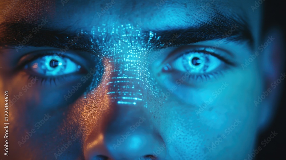 Futuristic digital interface with biometric data and holographic ...
