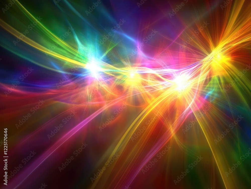Colorful halos and rays of light on a dark background, creating a ...