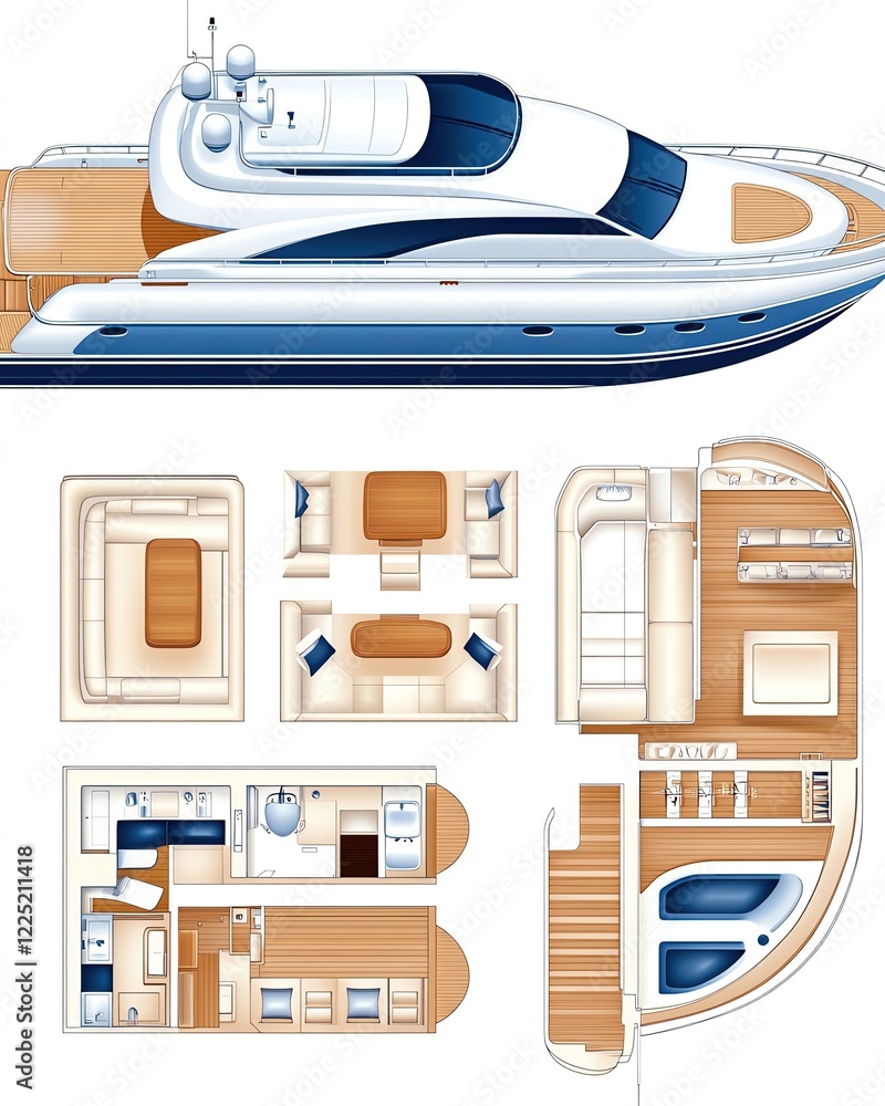 blueprint style Luxury yacht with modern interior layout. blueprint ...