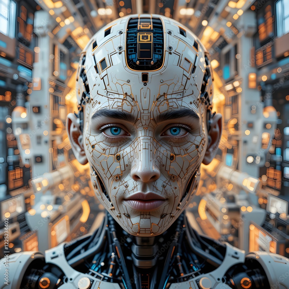 Ilustração Cyberborg in AI workstation through the eyes of artificial ...
