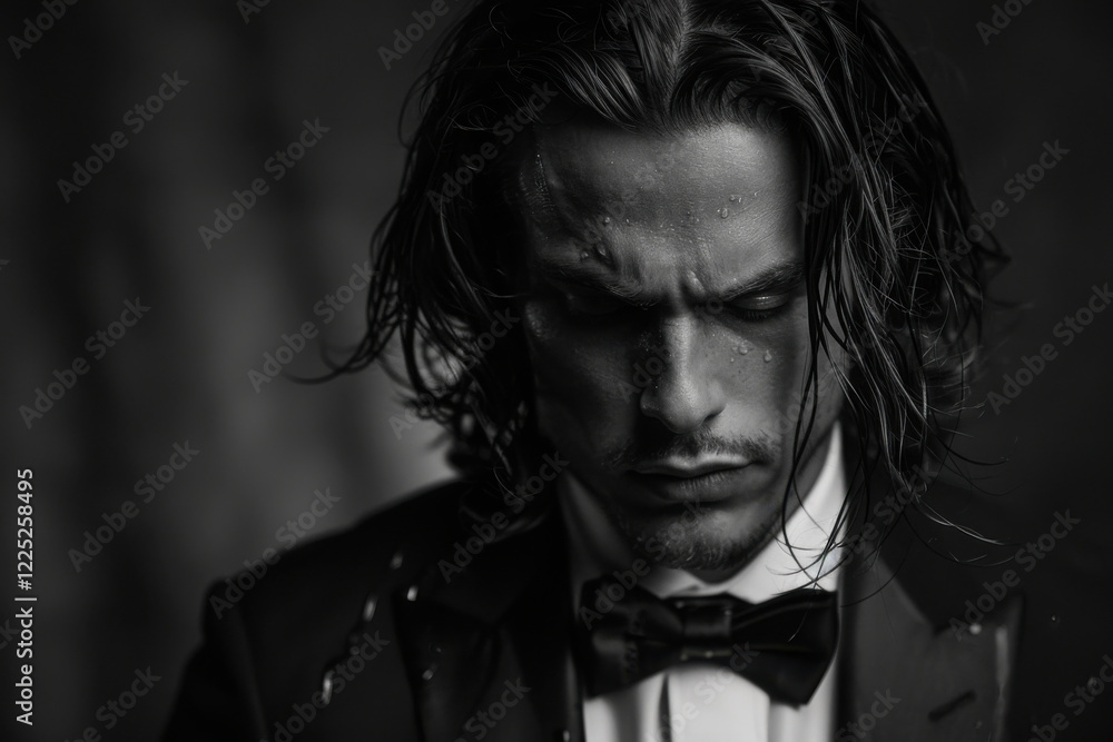 A man with long hair and a tuxedo stands in a dark environment, his ...