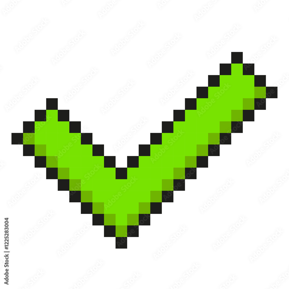 Green check mark pixel art symbol isolated on a white background. 8 bit ...