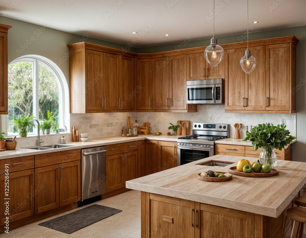 Kitchen layout photography with a wooden kitchen island, kitchen ...