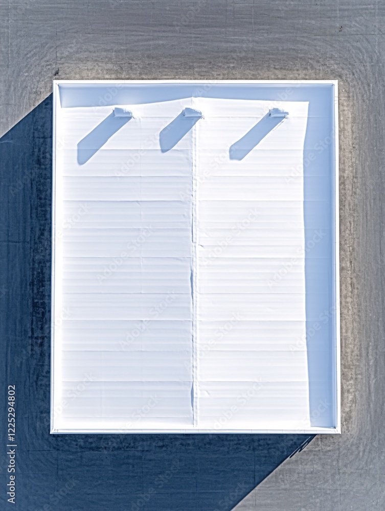 Aerial view of a white rectangular roof with three shadows on a gray ...