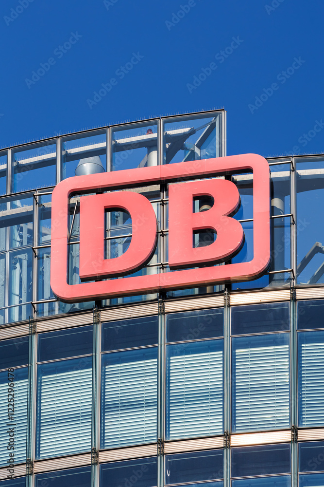 Logo of DB Deutsche Bahn German Railway on Bahntower at Potsdamer Platz ...