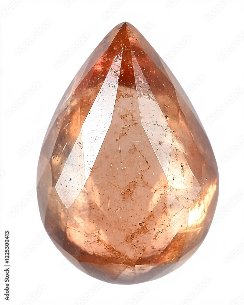 Pear shaped brown gem with facets and internal texture on a white ...