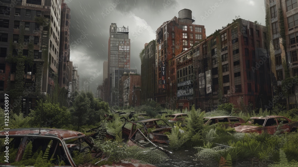 Abandoned city with lush vegetation growing over decaying buildings ...