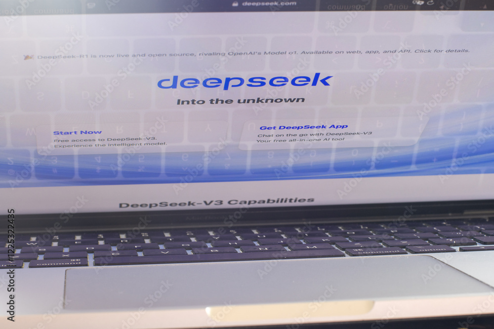 Deepseek logo displayed on a computer screen. Deepseek is a Chinese ...