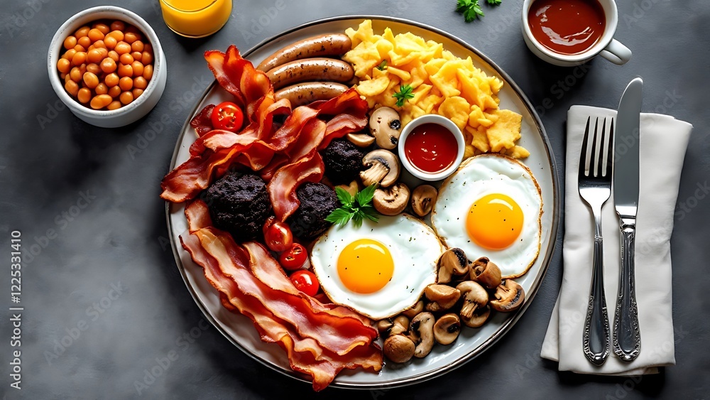 Full fry up English breakfast with fried eggs, sausages, bacon, black ...