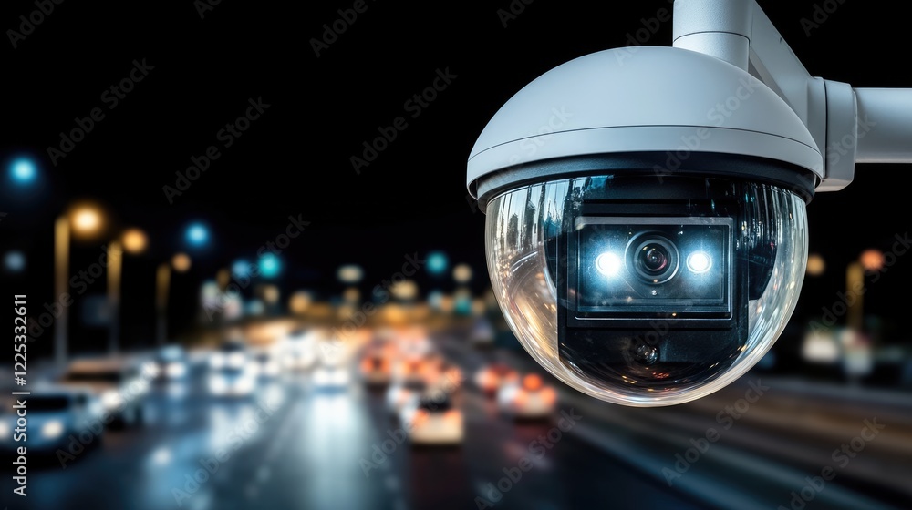 CCTV camera observes a busy urban road at night, showing a traffic jam ...