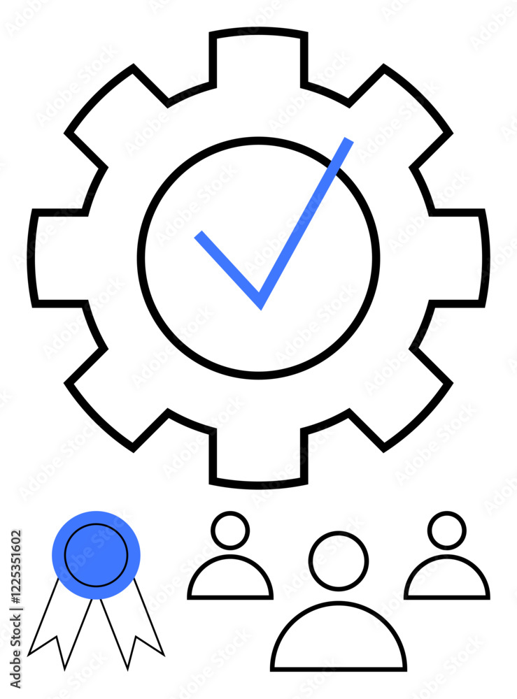 Gear with a blue checkmark inside, award ribbon symbolizing recognition ...