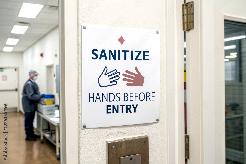 Sign instructing to sanitize hands before entering, with an ...